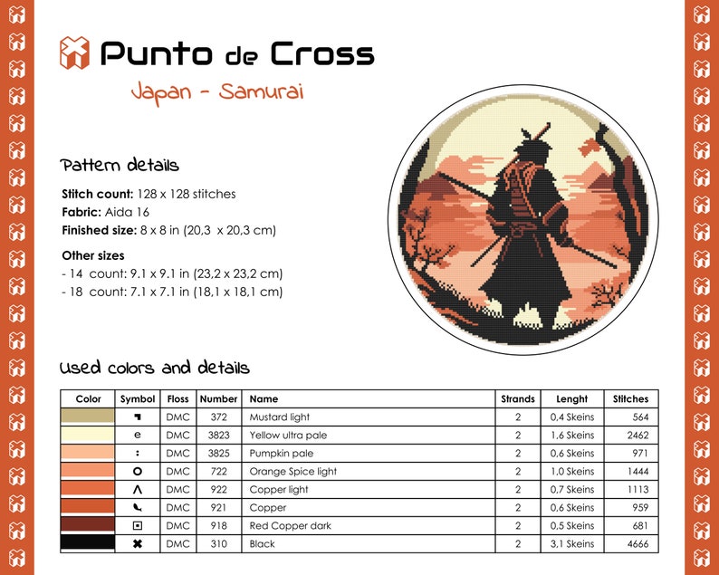 Samurai Cross Stitch Pattern, Japan Cross Stitch, Samurai Embroidery ...
