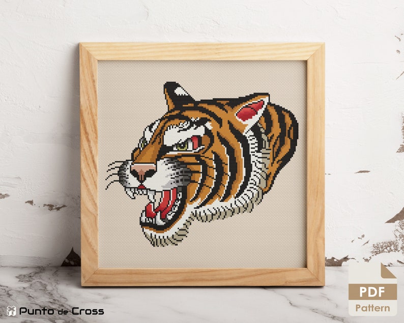 Tiger Cross Stitch Pattern Old School Tattoo Tiger Cross - Etsy