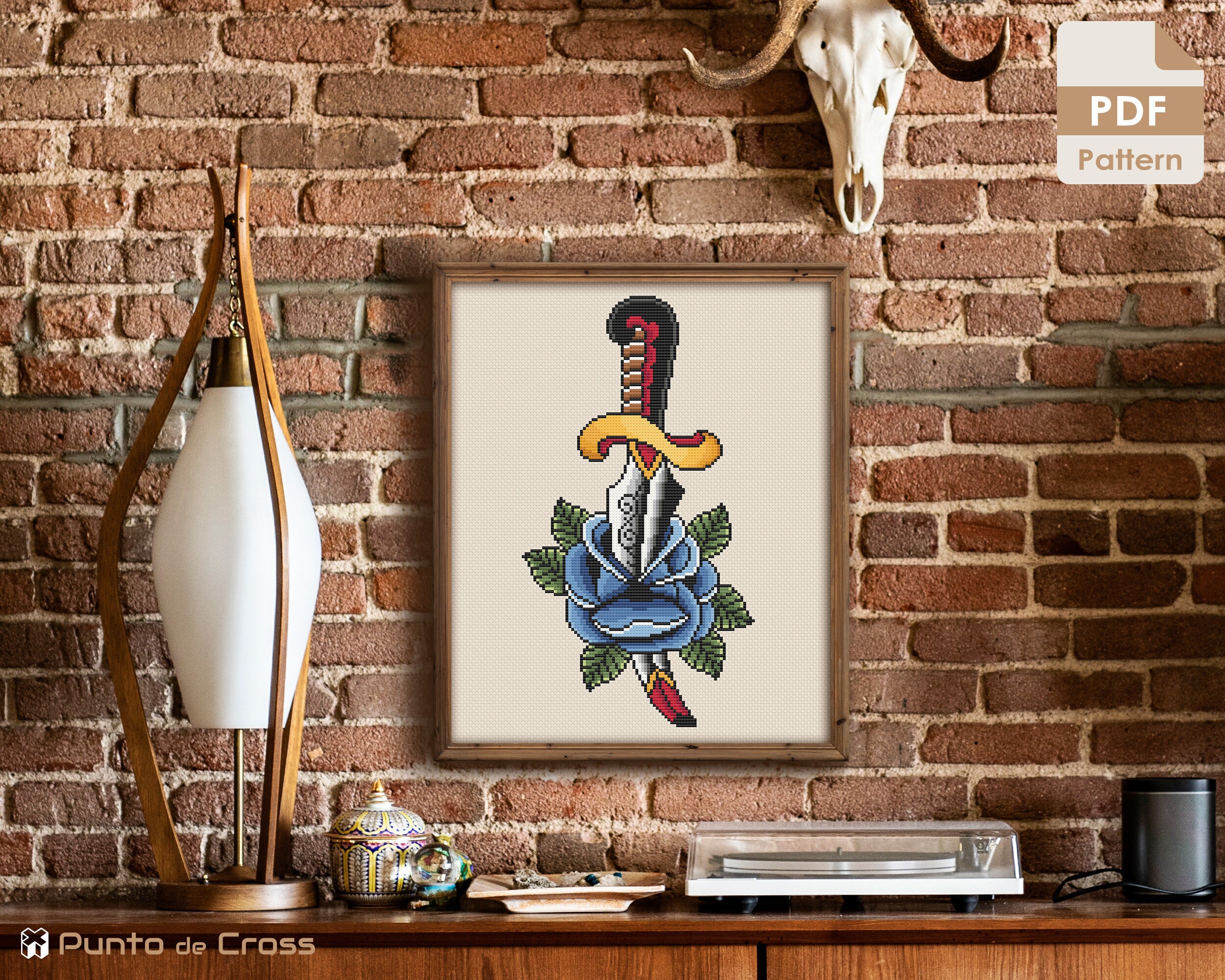 Dagger Cross Stitch Pattern, Old School Tattoo Dagger Cross Stitch ...