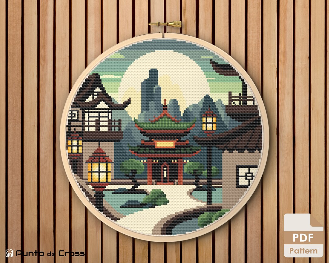 Japanese Temple Cross Stitch Pattern, Landscape Cross Stitch, Japan ...