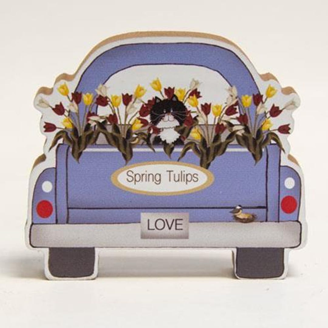 Spring Tulips Chunky Truck W/ Cat Wooden Chunky Pick-up Truck Shelf ...