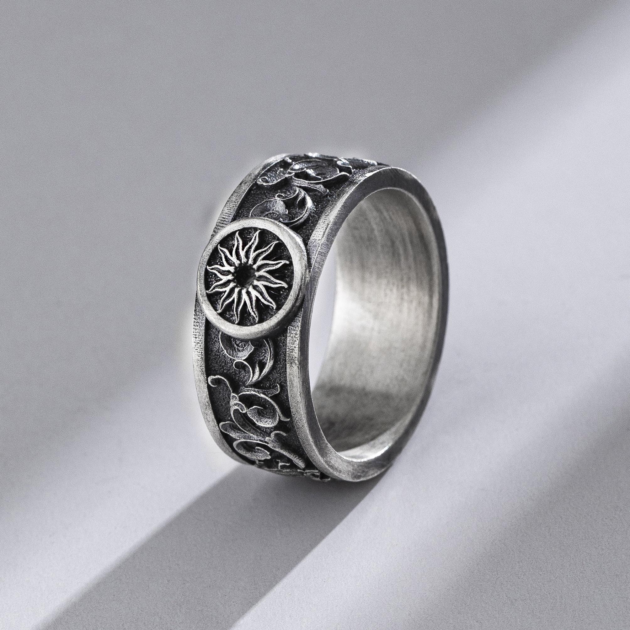 Celestial Sun Sterling Silver Dainty Band Ring Men, Engraved Promise ...