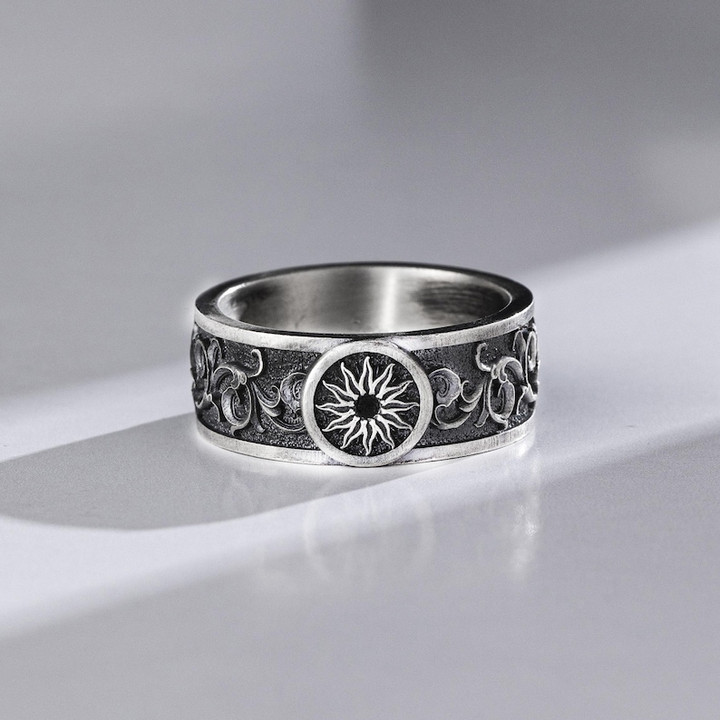 Celestial Sun Sterling Silver Dainty Band Ring Men, Engraved Promise ...