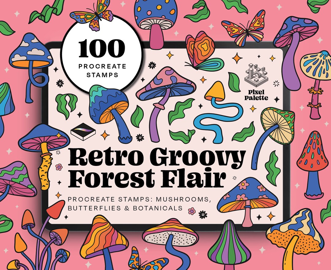 Groovy Forest Flair Set 101 Procreate Stamps, Mushrooms, Butterflys ...