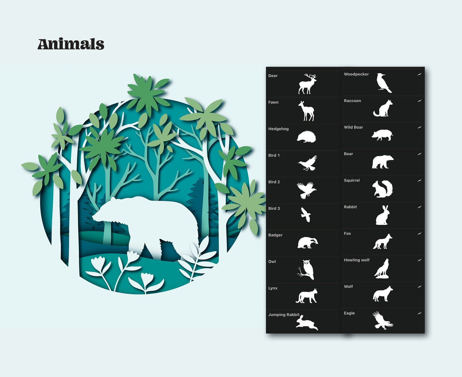 100 Papercut Forest Procreate Brushes and Stamps Forest Animals, Plants ...