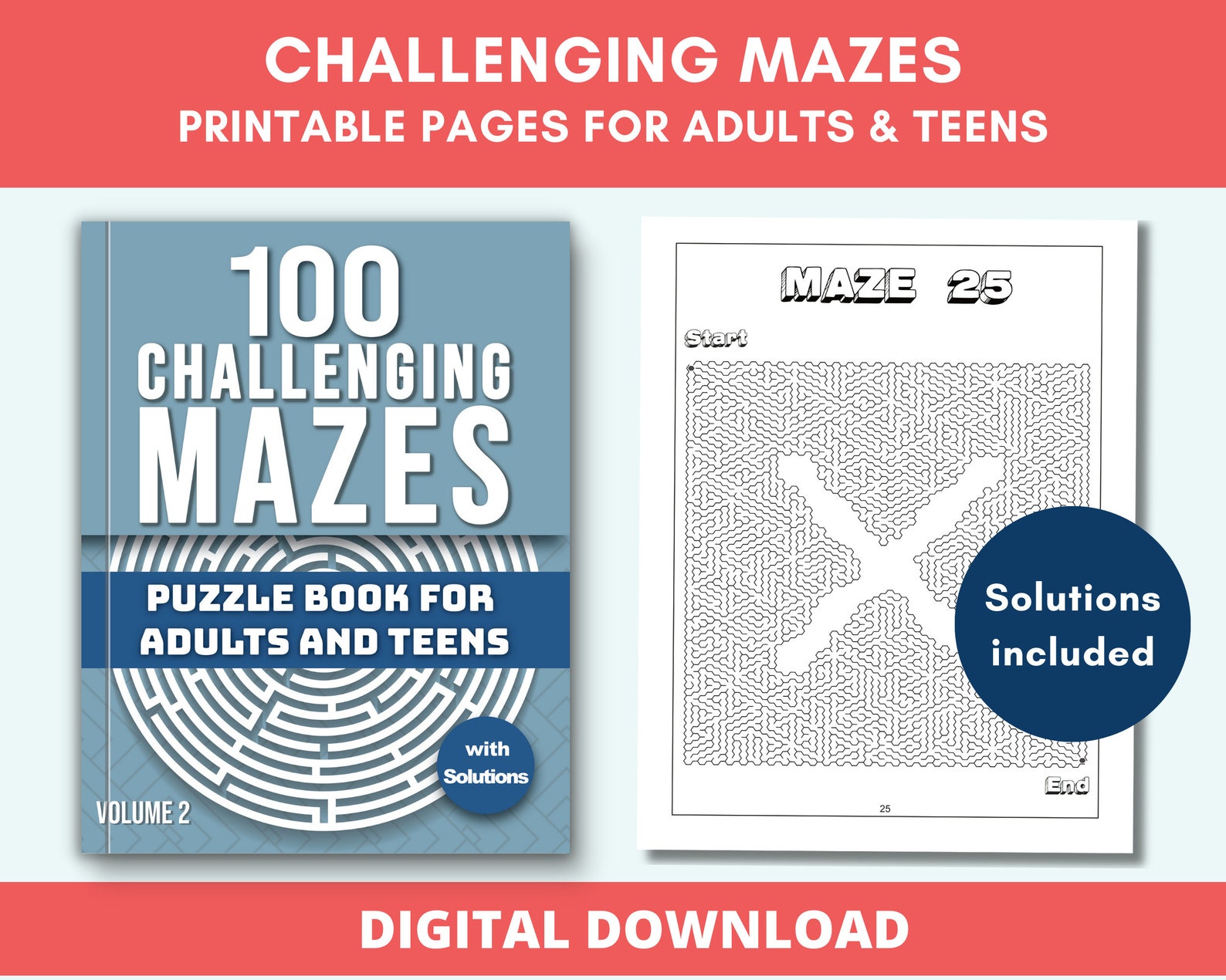 Hard Printable Mazes for Adults and Teens Volume 2 | 100 Difficult ...