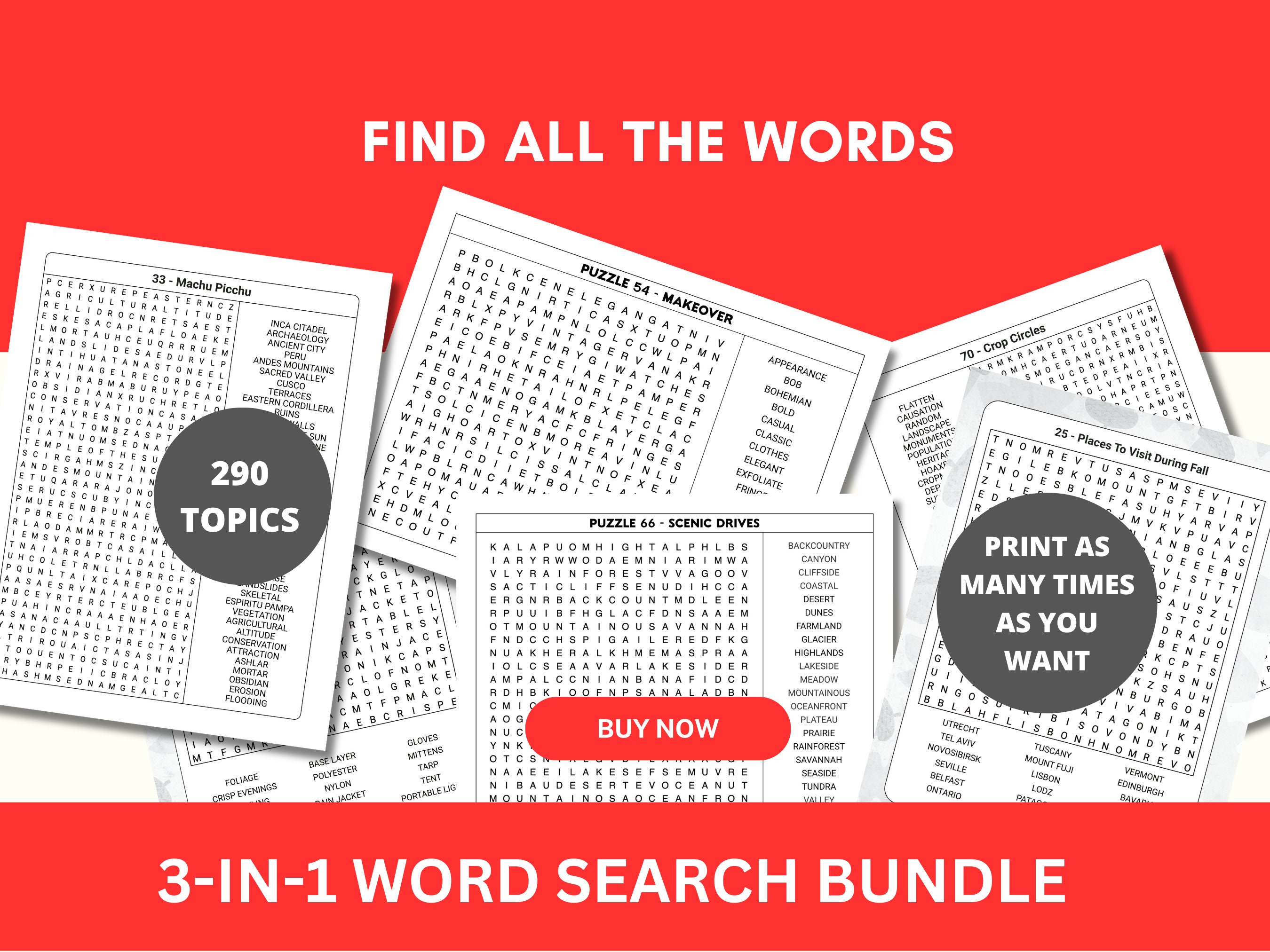 290 Themed Challenging Word Search Printables, 3 in 1 Hard Word Find ...