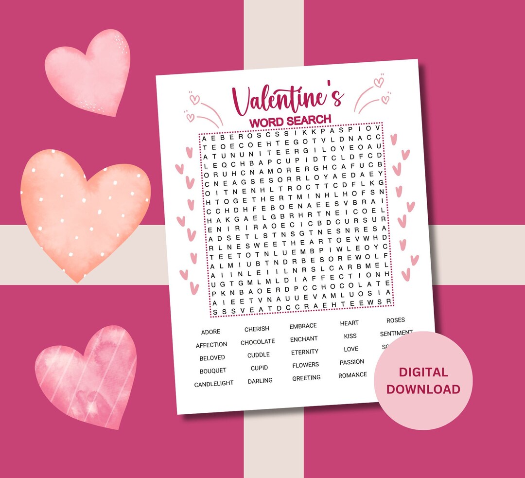 Valentines Word Search Printable, Large Print Word Search, Valentines ...