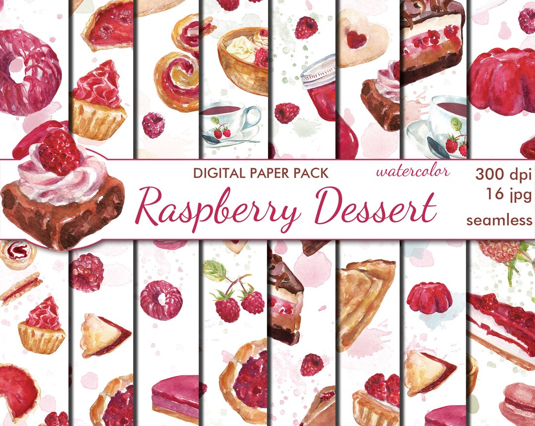 Digital Raspberry Dessert Watercolor Seamless Papers, 16 Printable ...