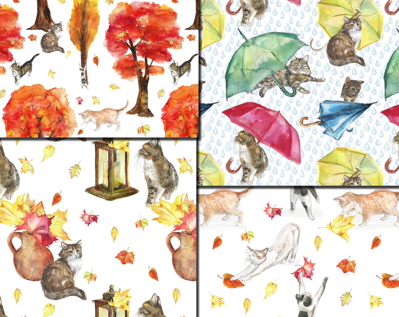 Digital Watercolor Autumn Cats Seamless Paper Pack, 16 Printable ...