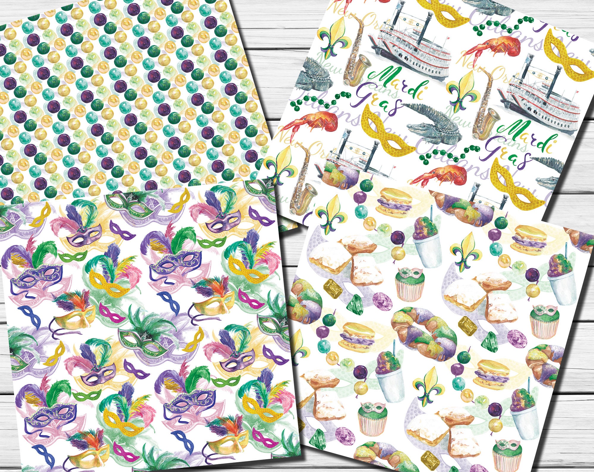 Digital Watercolor Mardi Gras New Orleans Seamless Pack, 16 Printable ...