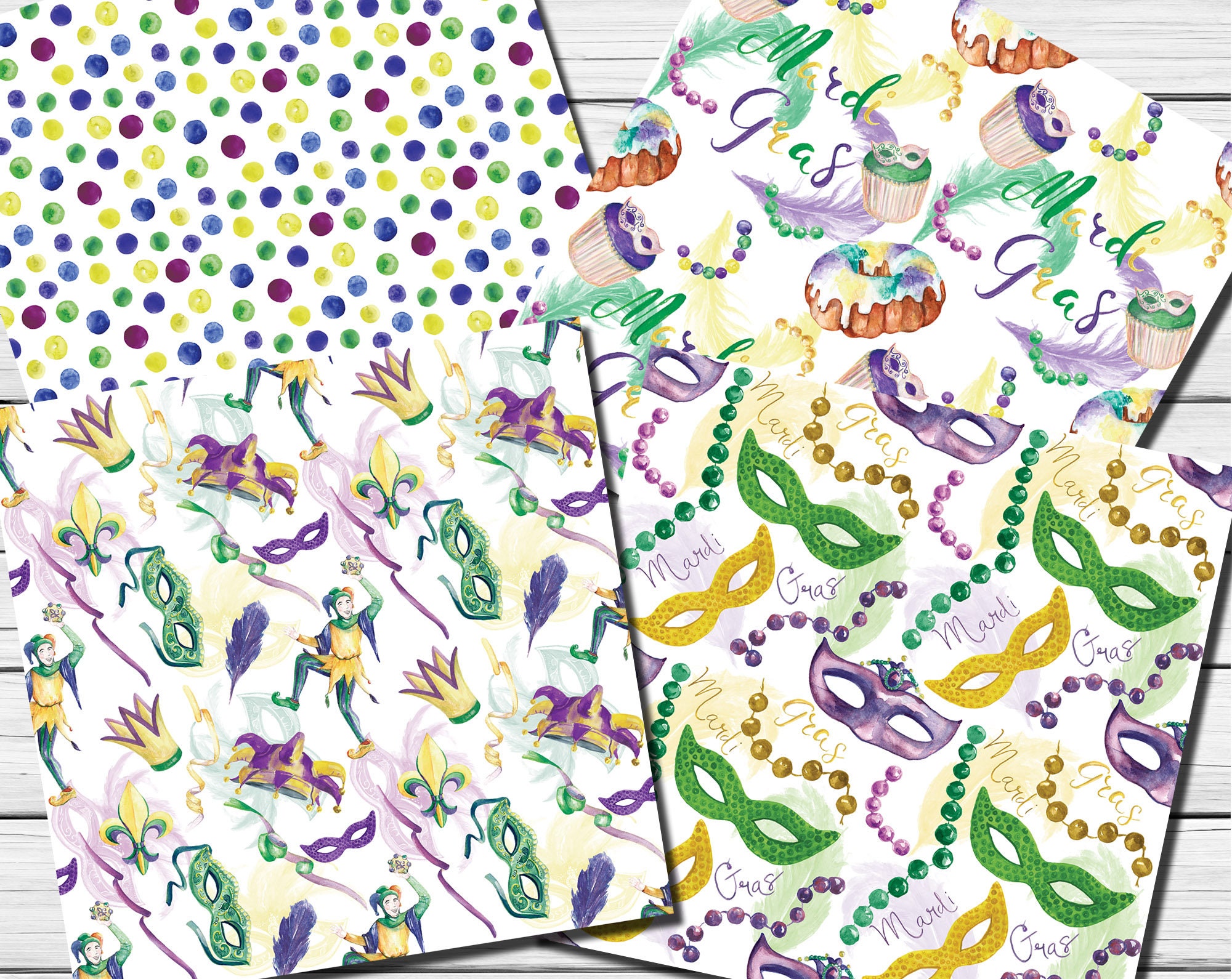 Digital Watercolor Mardi Gras Seamless Pack, 16 Printable Digital ...
