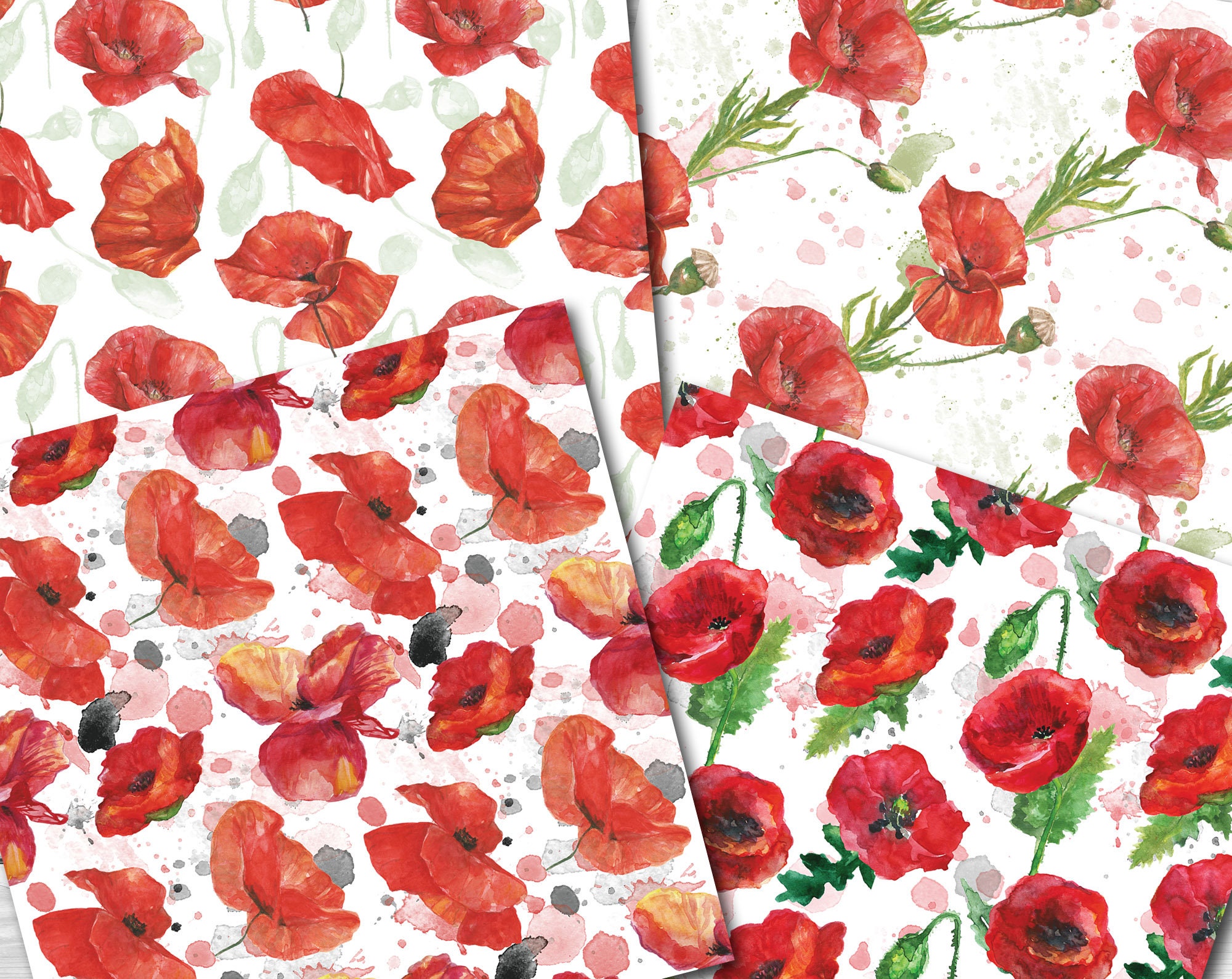 Digital Watercolor Poppies Seamless Paper Pack, 16 Printable ...