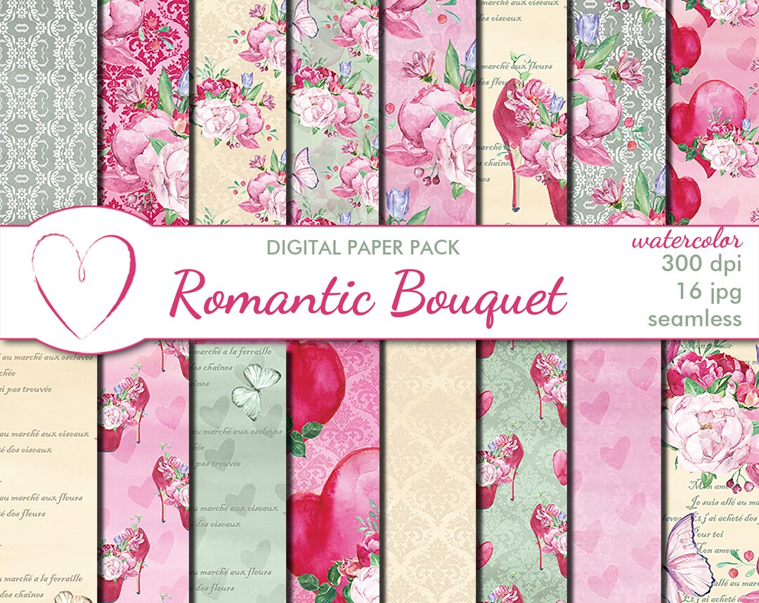 Digital Romantic Bouquet Paper Pack, 16 Printable Digital Scrapbooking ...