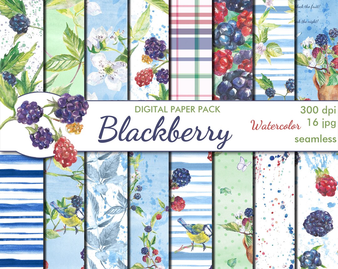Digital Watercolor Blackberry Seamless Paper Pack, 16 Printable ...