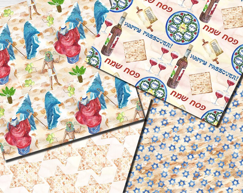 Digital Watercolor Happy Passover Seamless Pack, 16 Printable Digital ...