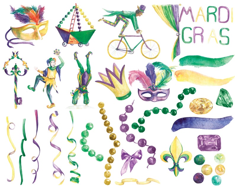 Digital Mardi Gras Carnival Watercolor Clipart for Scrapbooking, Png ...
