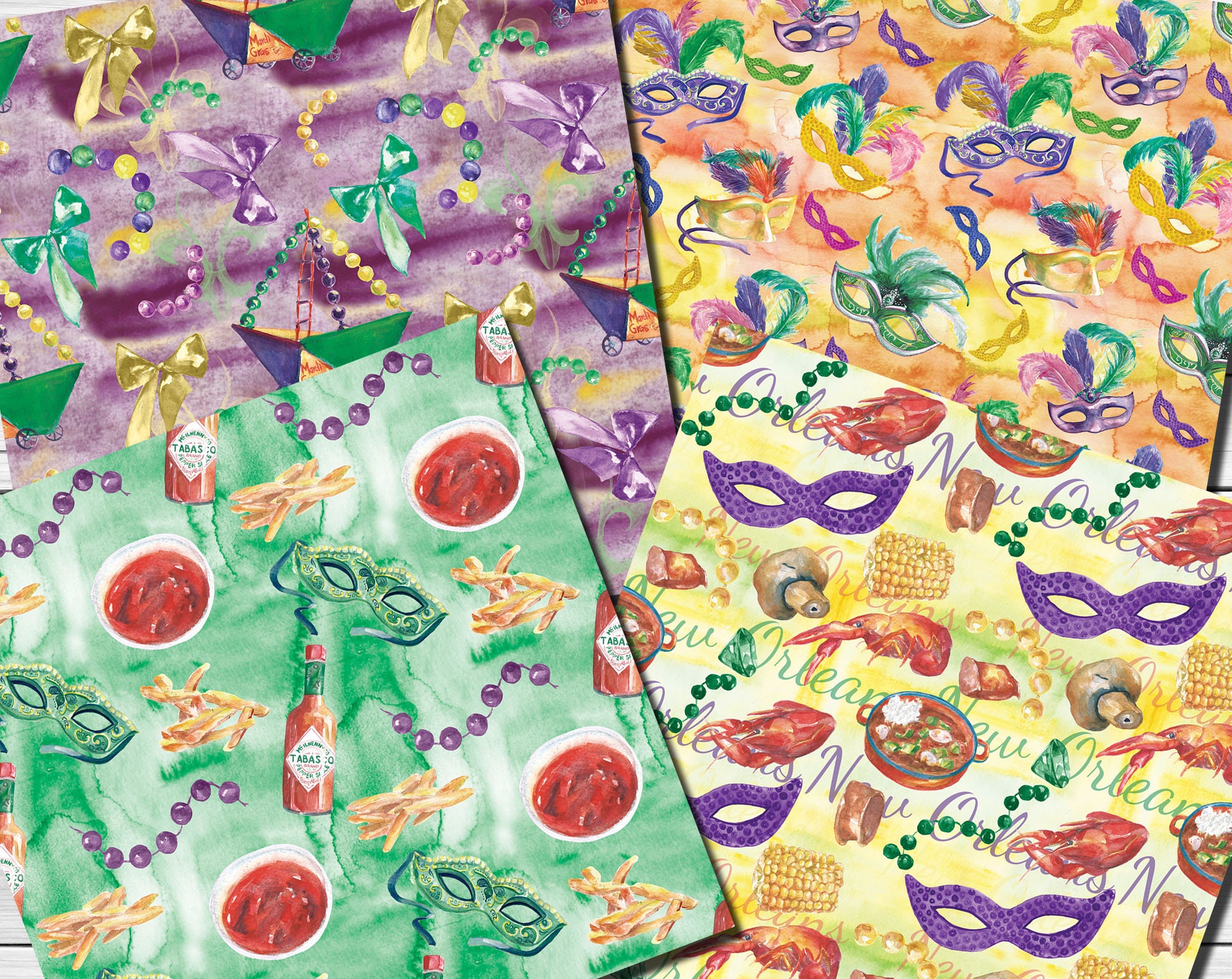 Digital Watercolor Mardi Gras Seamless Pack, 16 Printable Papers ...