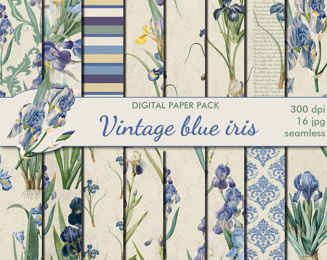 Digital Vintage Blue Irises Seamless Paper Pack, 16 Printable ...