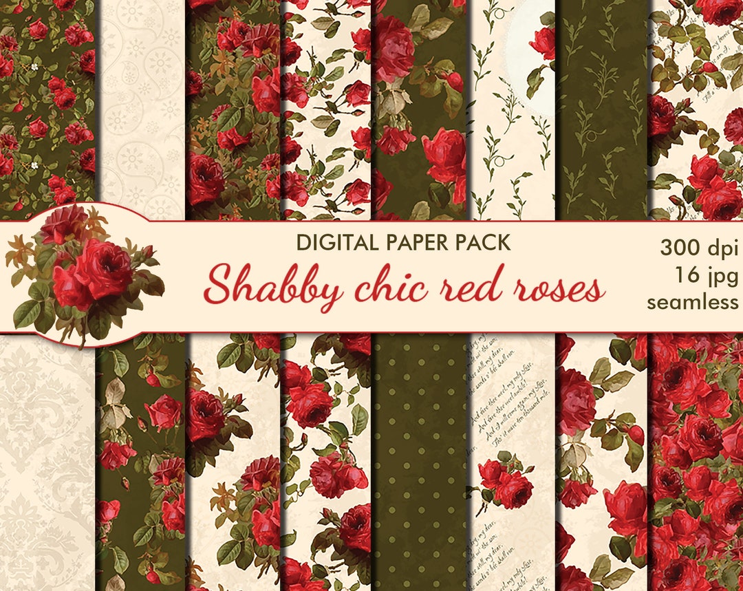 Digital Shabby Chic Red Roses Seamless Paper Pack, 16 Printable ...