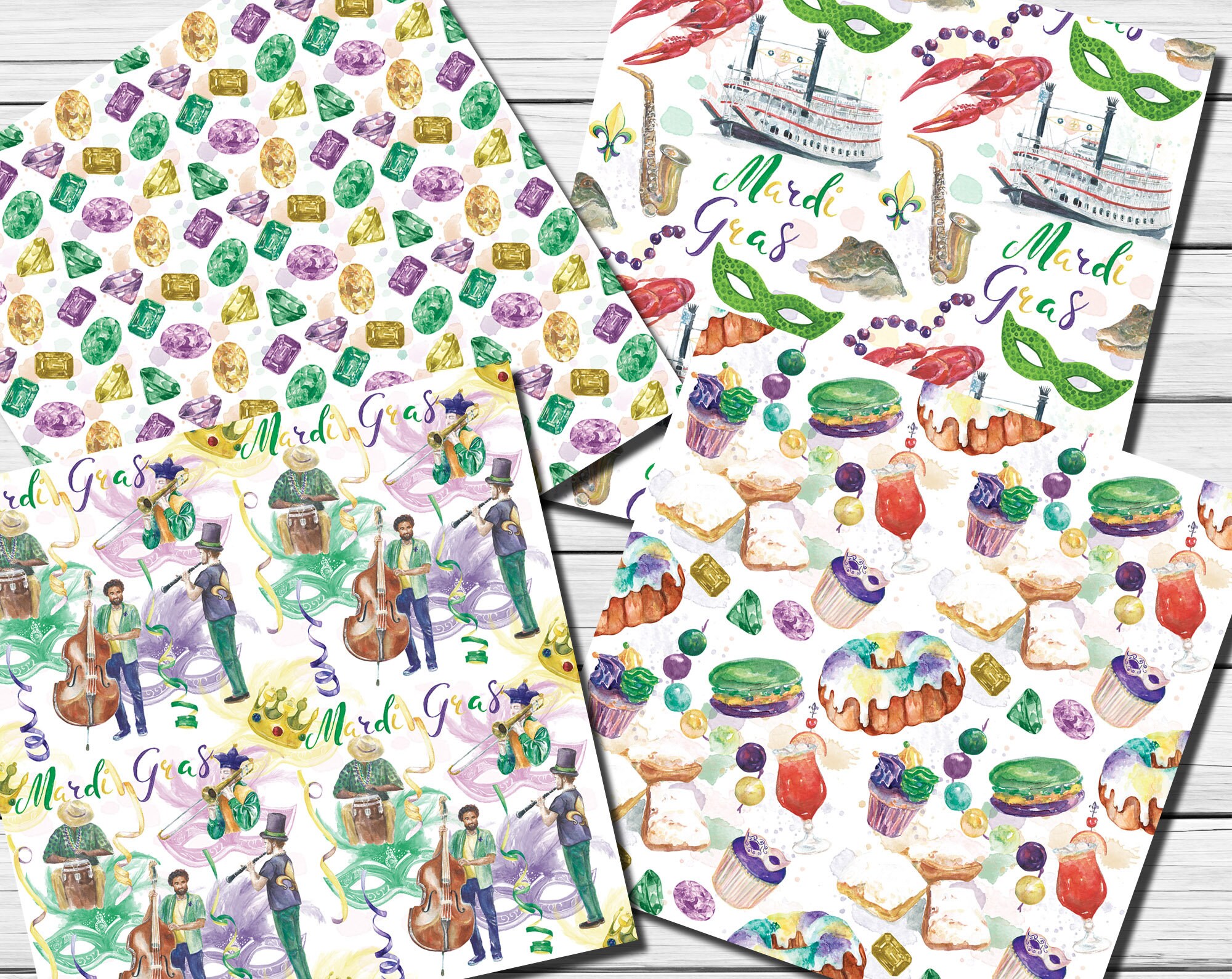 Digital Watercolor Mardi Gras New Orleans Seamless Pack, 16 Printable ...