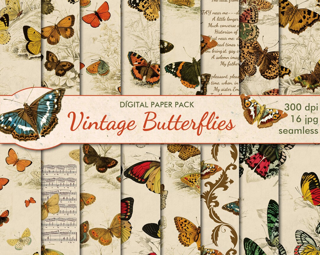 Digital Vintage Butterflies Seamless Papers, 16 Printable Scrapbooking ...