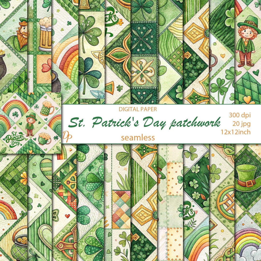 Digital St. Patrick's Day Patchwork Seamless Papers, 20 Printable ...