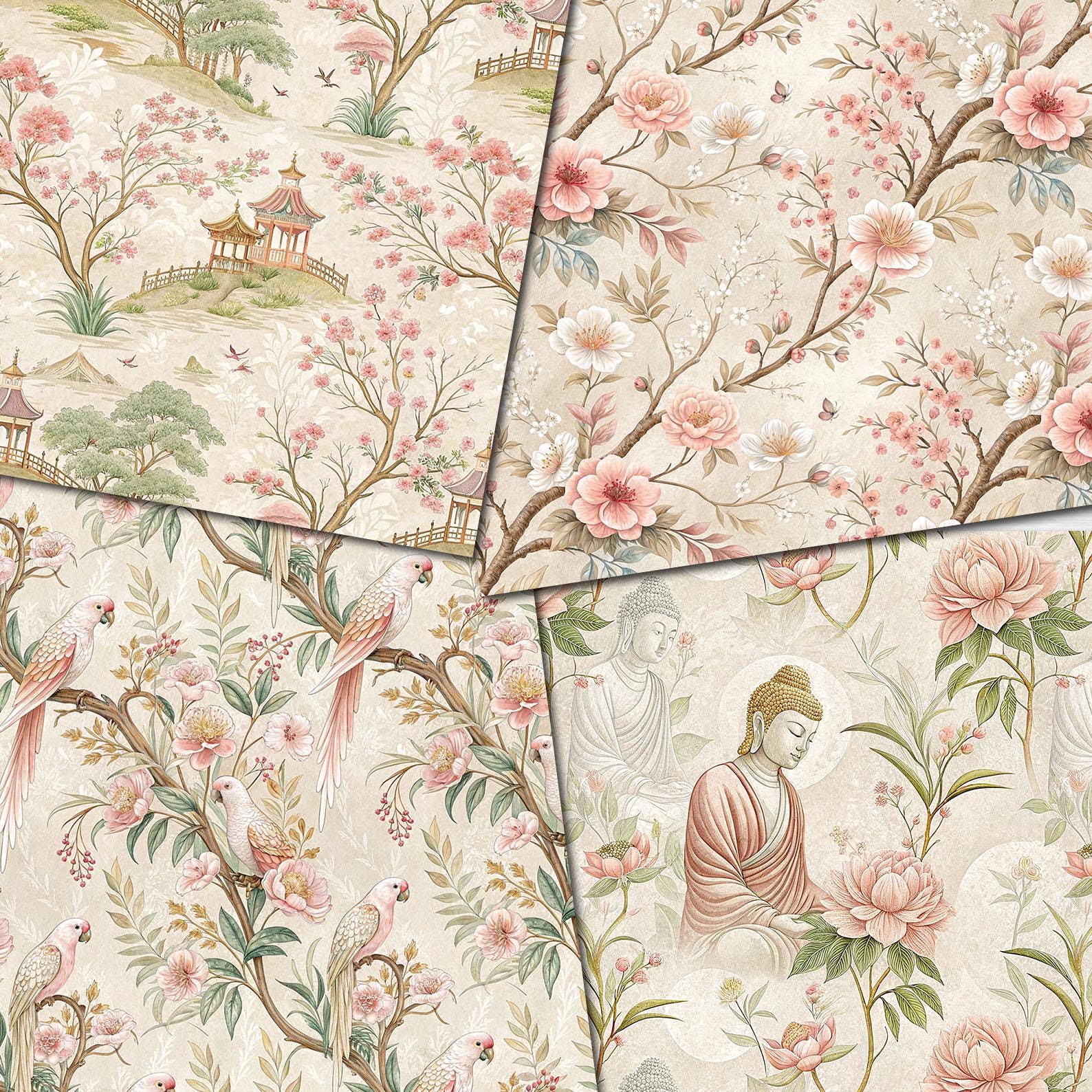 Digital Chinoiserie Floral Seamless Wallpapers, 24 Printable ...