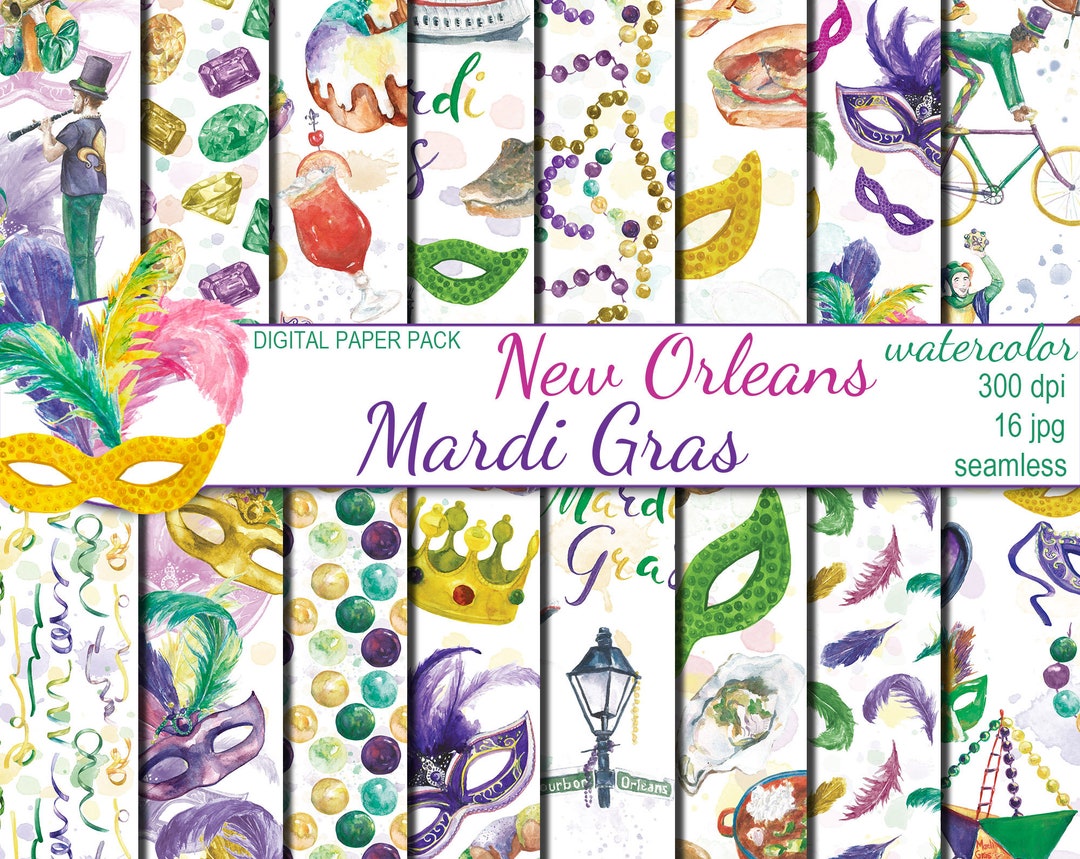 Digital Watercolor Mardi Gras New Orleans Seamless Pack, 16 Printable ...