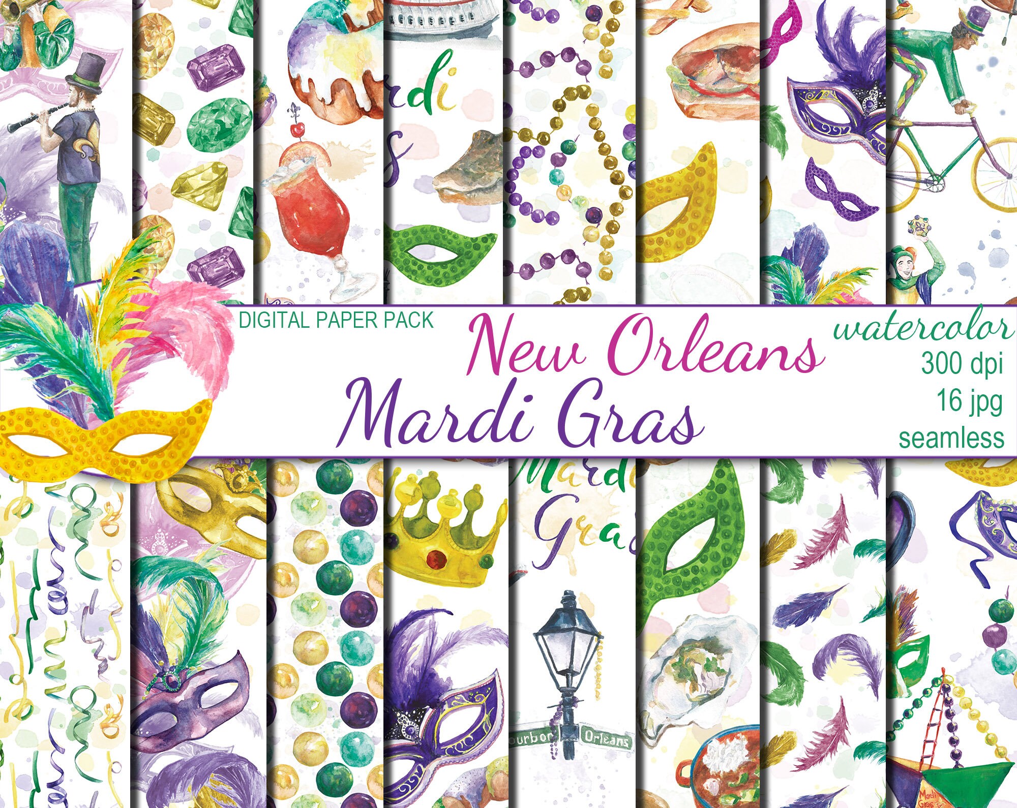 Digital Watercolor Mardi Gras New Orleans Seamless Pack, 16 Printable ...