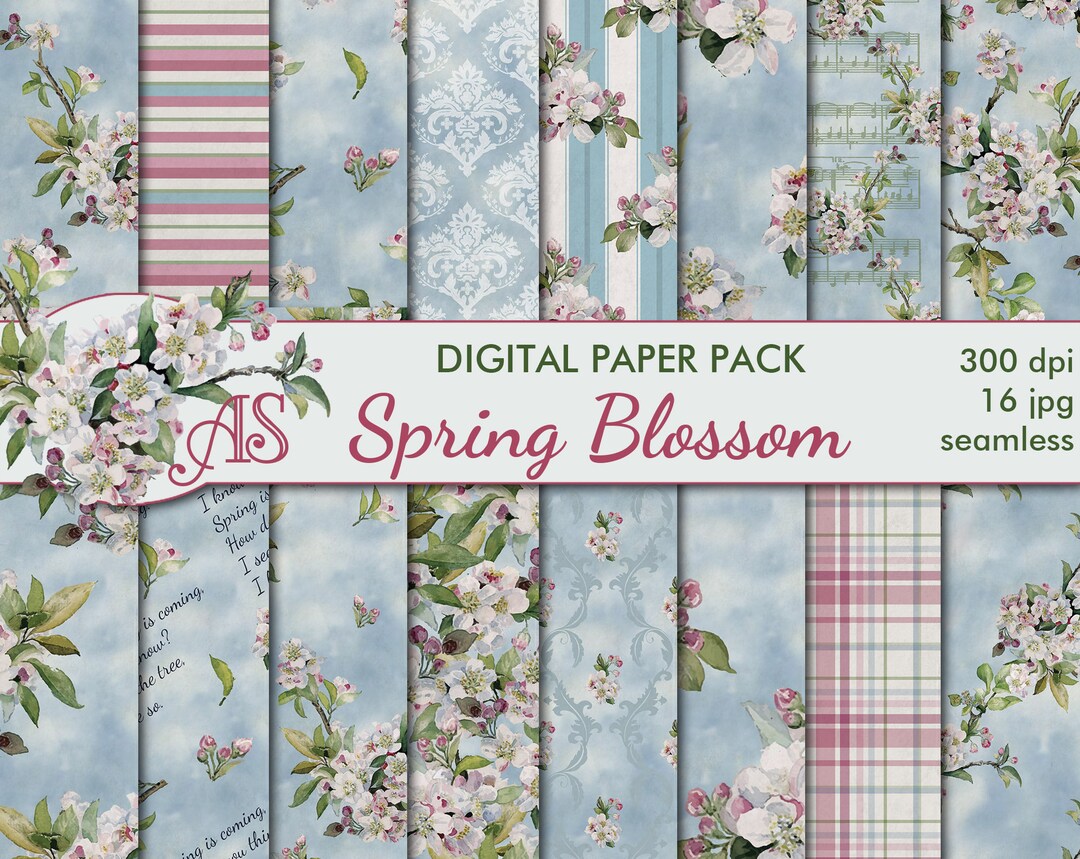 Digital Spring Blossom Seamless Paper Pack, 16 Printable Scrapbooking ...