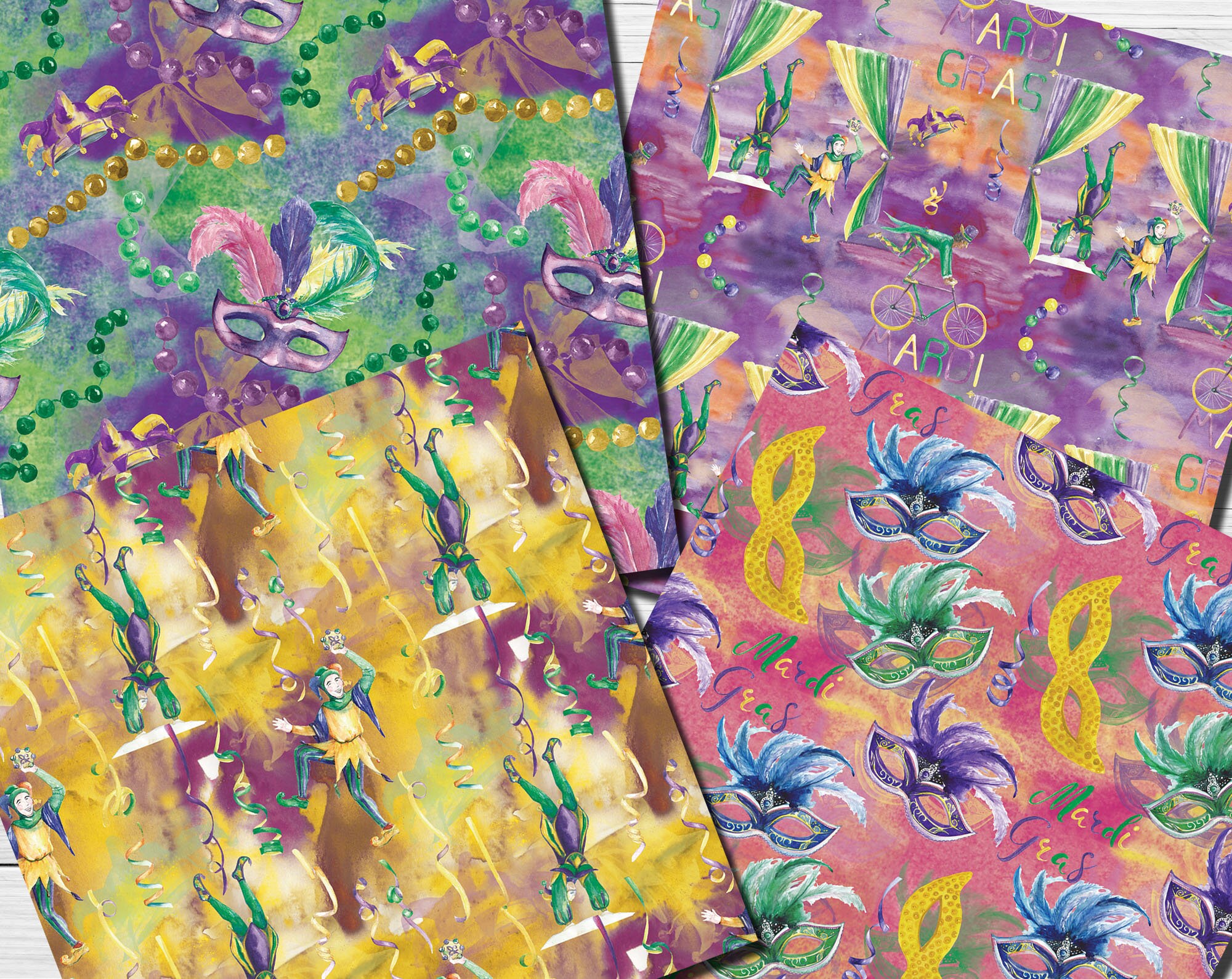 Digital Watercolor Mardi Gras Seamless Pack, 16 Printable Digital ...