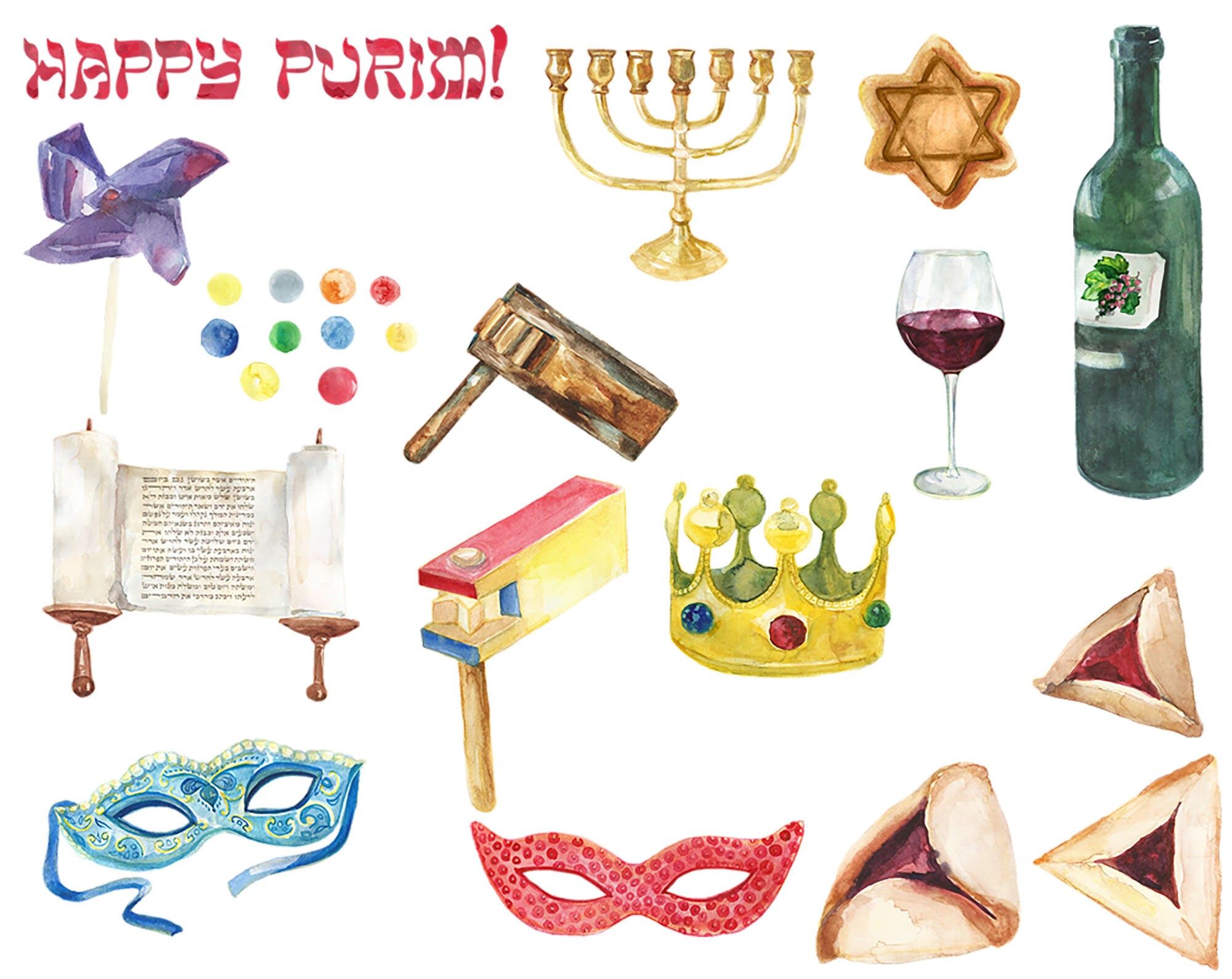 Digital Happy Purim Watercolor Clipart for Scrapbooking, Megillah ...