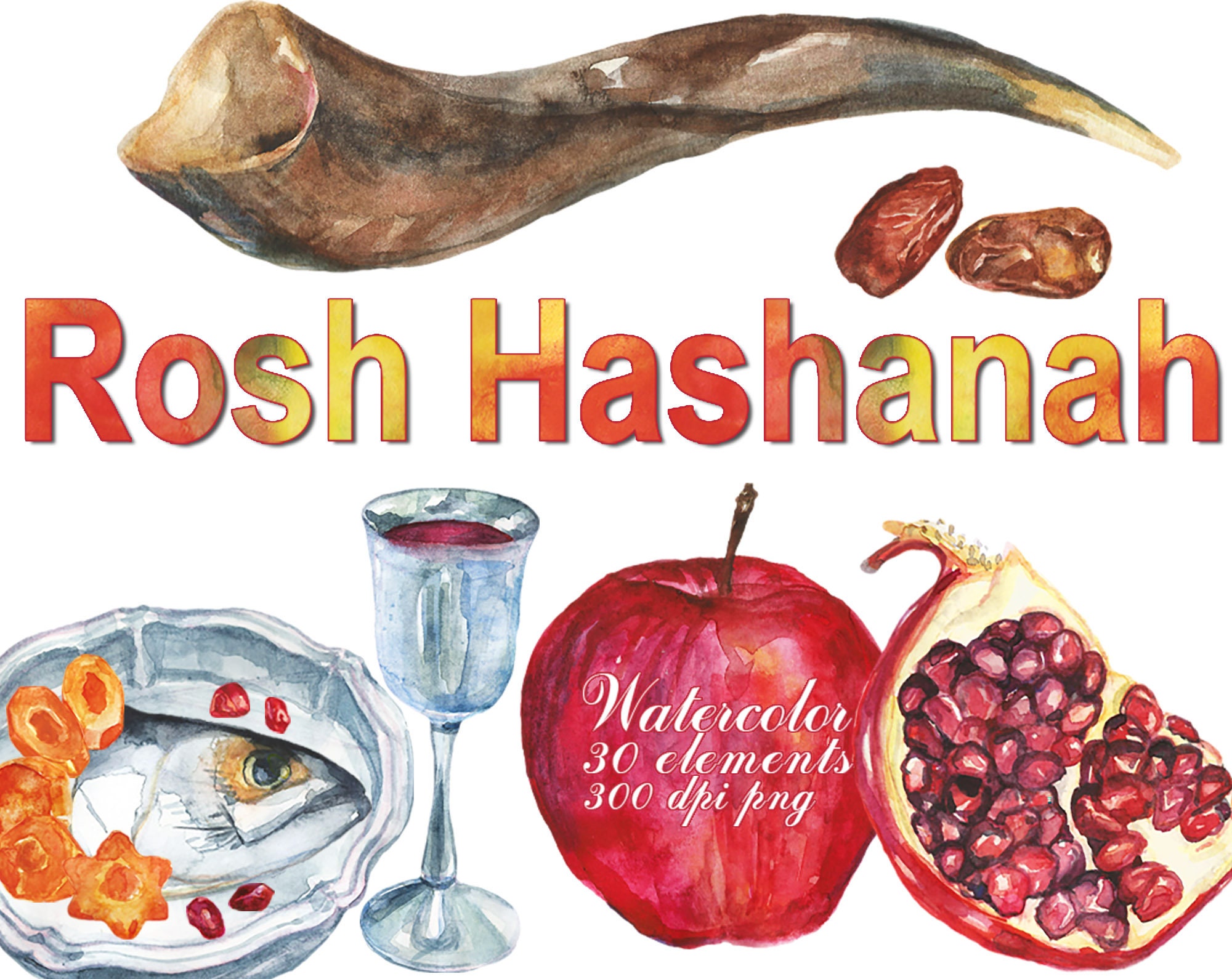 Digital Rosh Hashanah Watercolor Clipart for Scrapbooking, Papercrafts ...