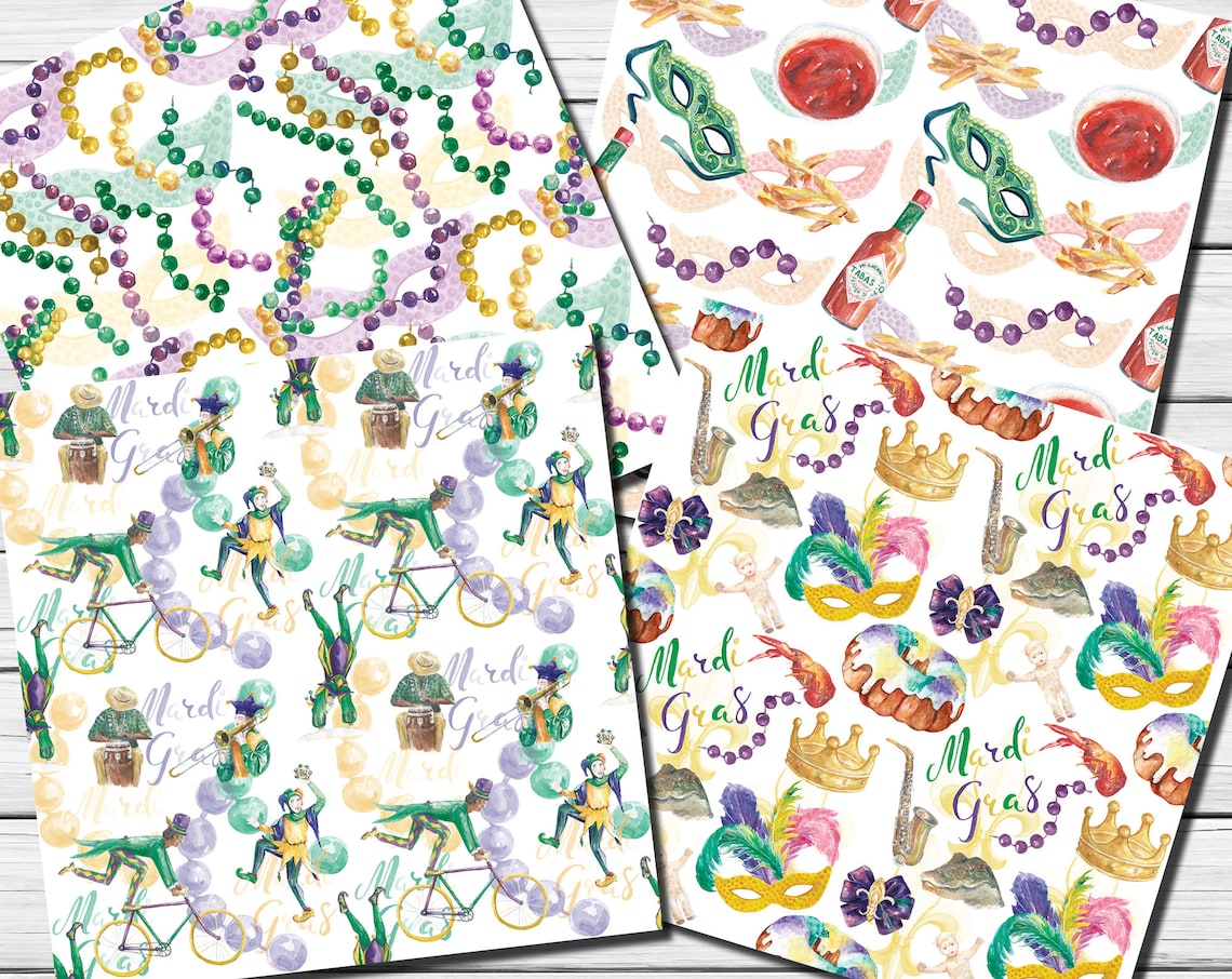 Digital Watercolor Mardi Gras New Orleans Seamless Pack, 16 Printable ...