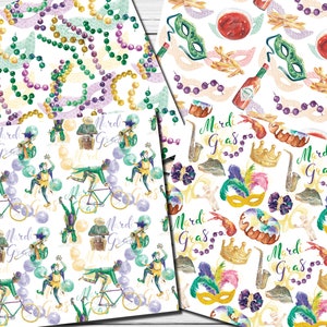 Digital Watercolor Mardi Gras New Orleans Seamless Pack, 16 Printable ...