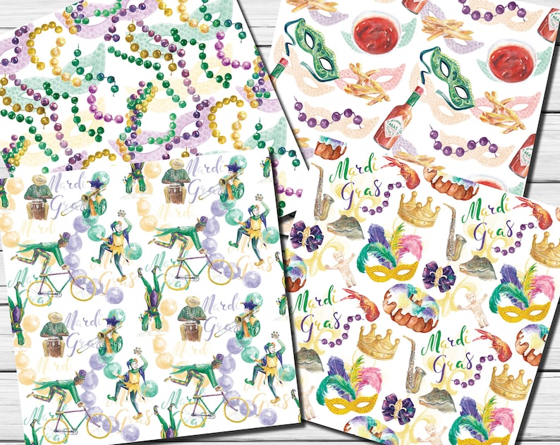 Digital Watercolor Mardi Gras New Orleans Seamless Pack, 16 Printable ...