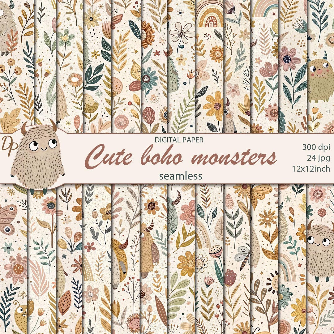 Digital Cute Boho Monsters Seamless Papers, 24 Printable Children ...