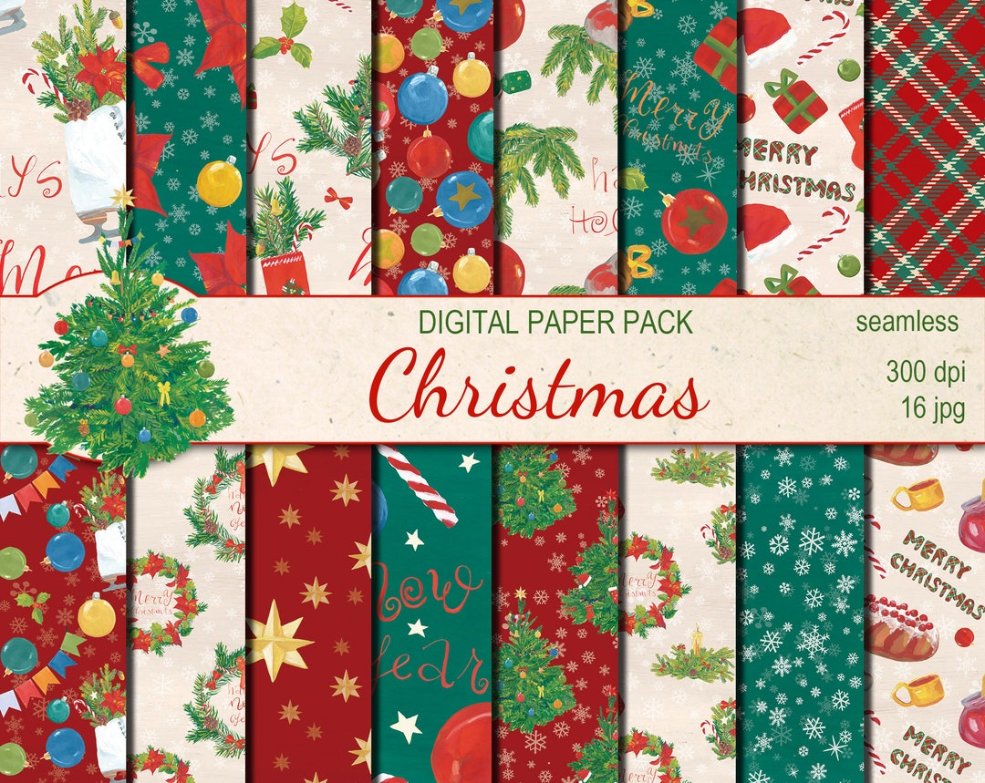 Digital Merry Christmas Seamless Paper Pack, 16 Printable Digital ...