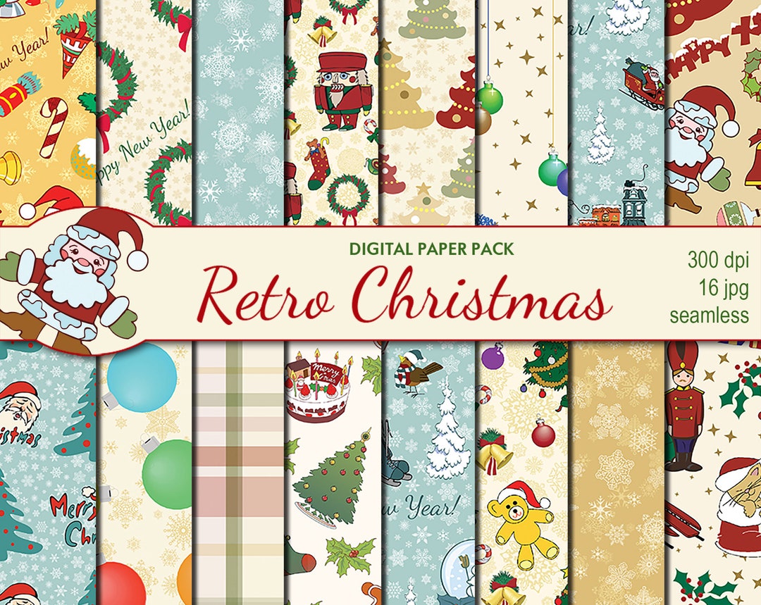 Digital Retro Christmas Seamless Paper Pack, 16 Printable Scrapbooking ...