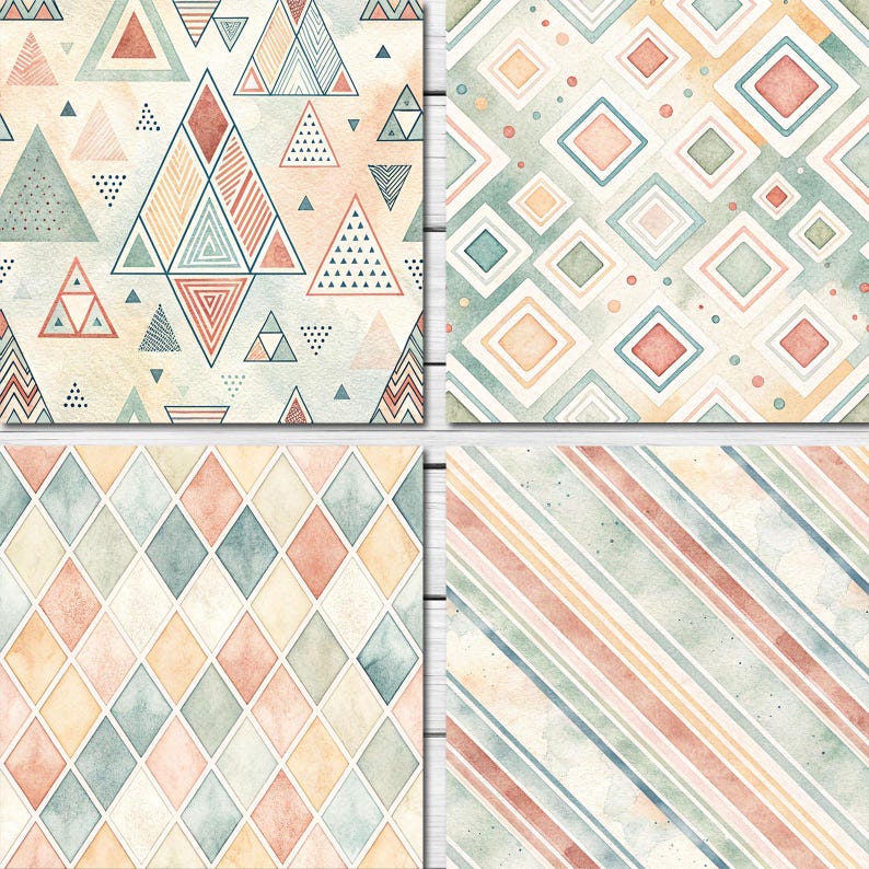 Digital Watercolor Pastel Geometry Seamless Papers, 28 Printable ...