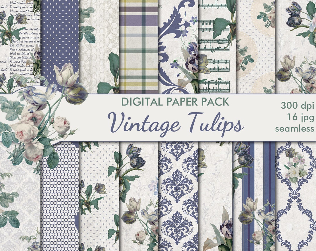 Digital Vintage Blue Tulips Seamless Paper Pack, 16 Printable Shabby ...