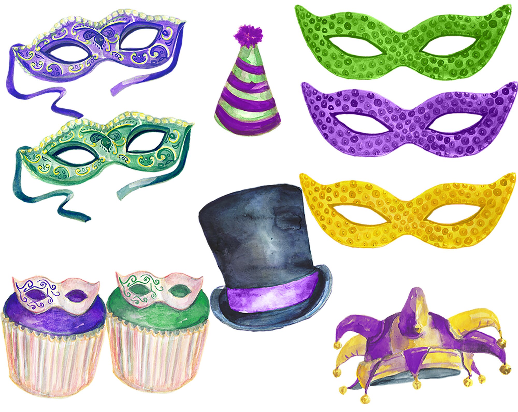 Digital Mardi Gras Watercolor Clipart for Scrapbooking, Carnival ...