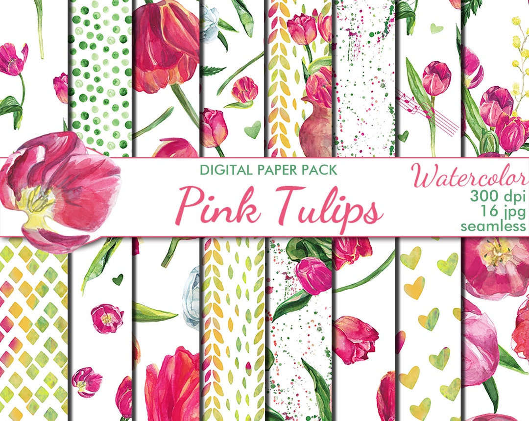 Digital Watercolor Pink Tulips Seamless Paper Pack, 16 Printable ...
