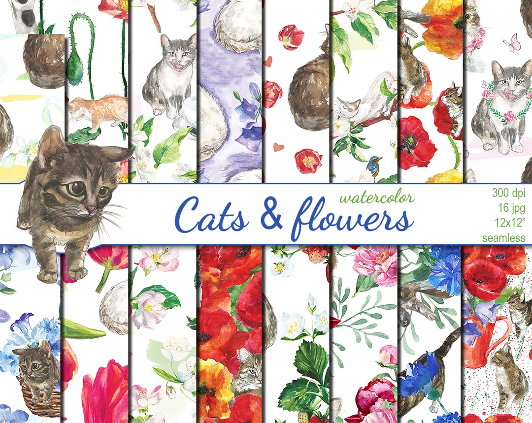 Digital Watercolor Cats and Flowers Seamless Paper Pack, 16 Printable ...