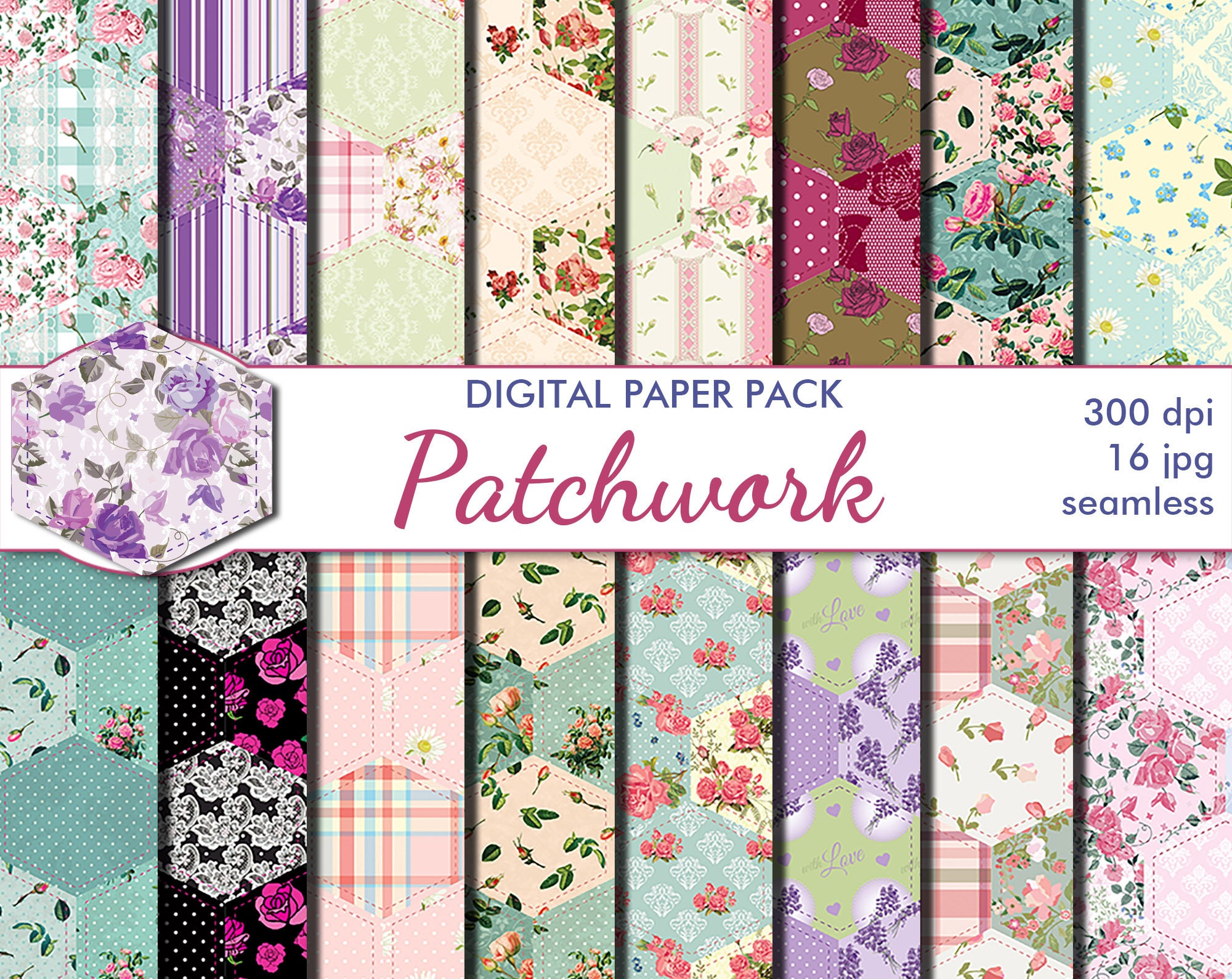 Digital Patchwork Quilt Fabric Seamless Paper Pack, 16 Printable ...