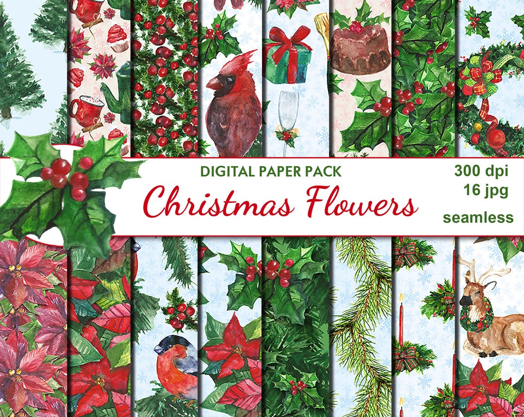 Digital Christmas Flowers Seamless Watercolor Paper Pack, 16 Printable ...