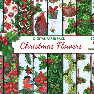 Digital Christmas Flowers Seamless Watercolor Paper Pack, 16 Printable ...