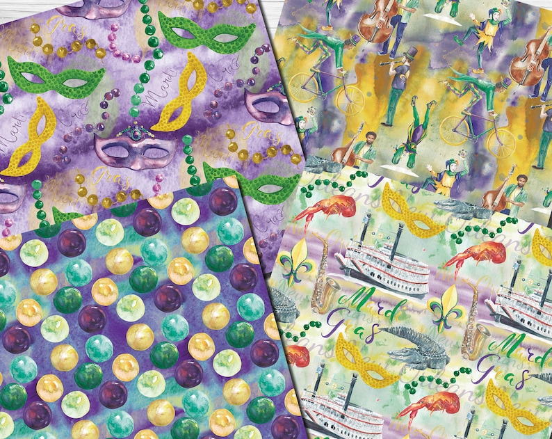 Digital Watercolor Mardi Gras Seamless Pack, 16 Printable Digital ...