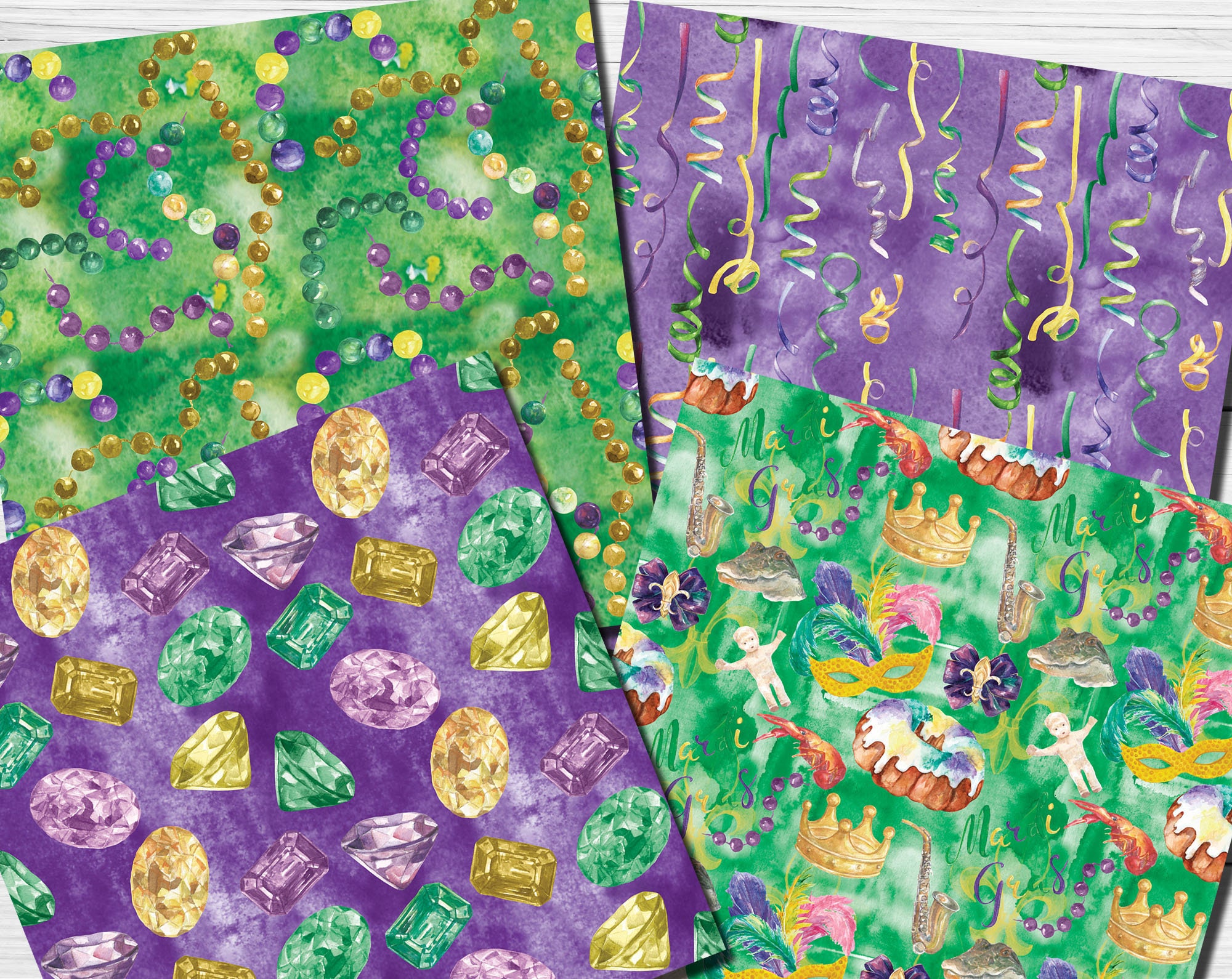 Digital Watercolor Mardi Gras Seamless Pack, 16 Printable Digital ...